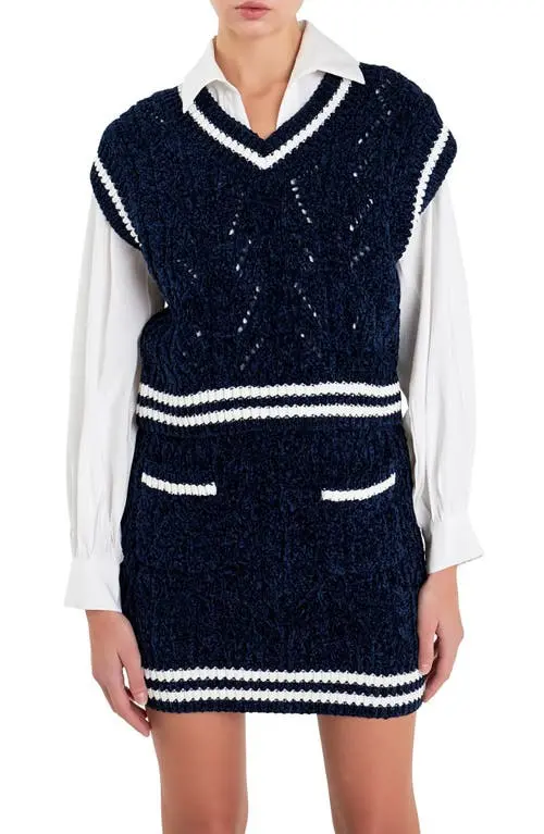 English Factory Stripe Trim Chenille Vest - Navy/white
