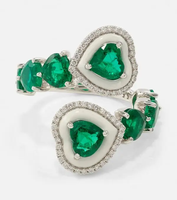 KAMYEN Heart 18kt White Gold Ring With Emeralds And Diamonds - Green