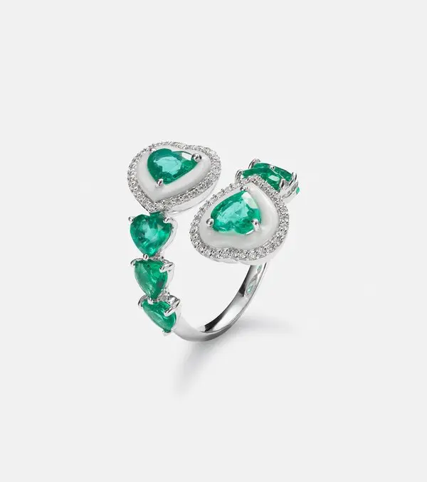 KAMYEN 18kt White Gold Emerald Diamond Heart Ring