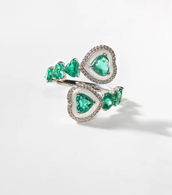KAMYEN 18kt White Gold Emerald Diamond Heart Ring