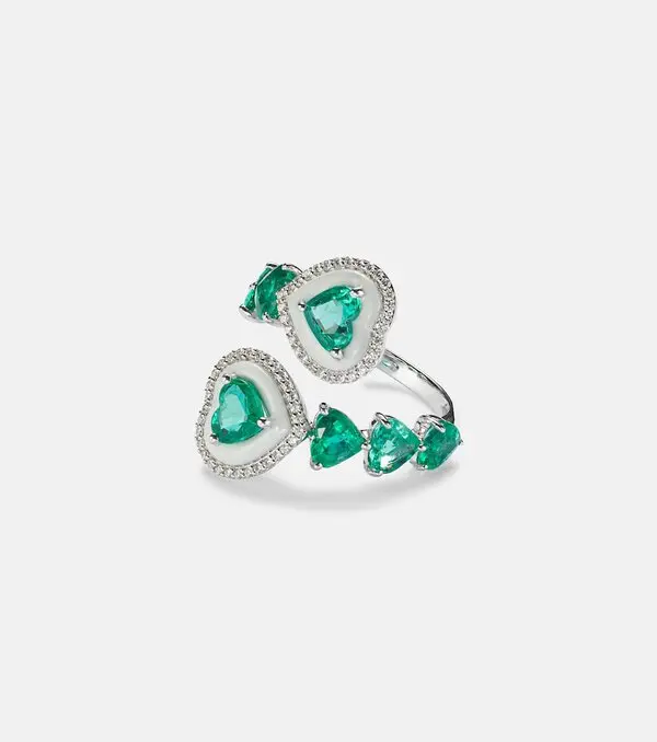 KAMYEN 18kt White Gold Emerald Diamond Heart Ring - Green