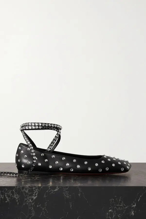 Amina Muaddi Ane Crystal-embellished Leather Ballet Flats - Black