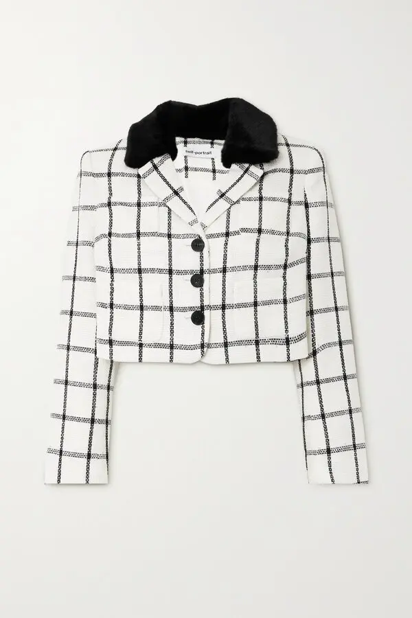 SELF-PORTRAIT Cropped Faux Fur-trimmed Checked Tweed Jacket