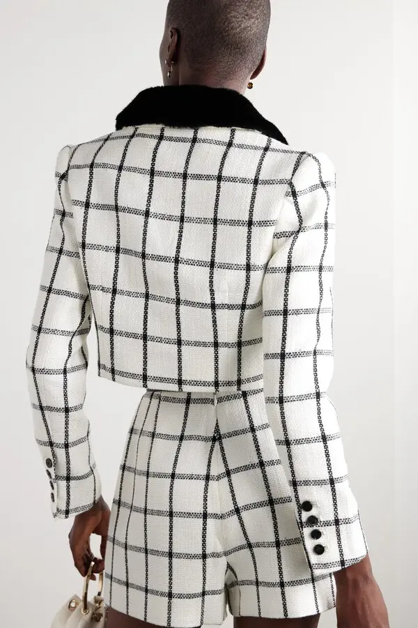 SELF-PORTRAIT Cropped Faux Fur-trimmed Checked Tweed Jacket