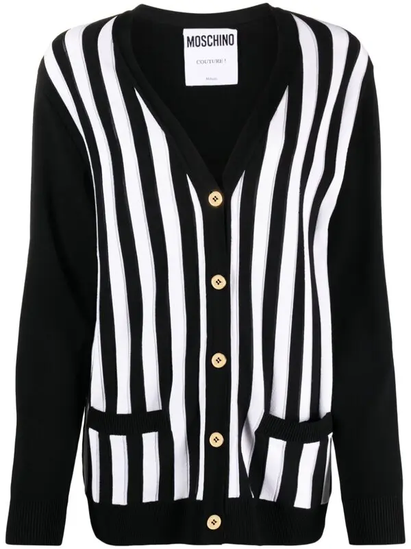 Moschino Striped Ribbed Knit Cardigan - Black