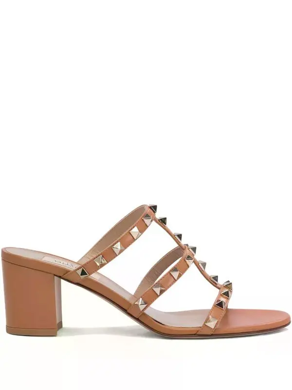 Valentino Garavani Rockstud Calfskin Leather Slide Sandal 60 Mm - Brown