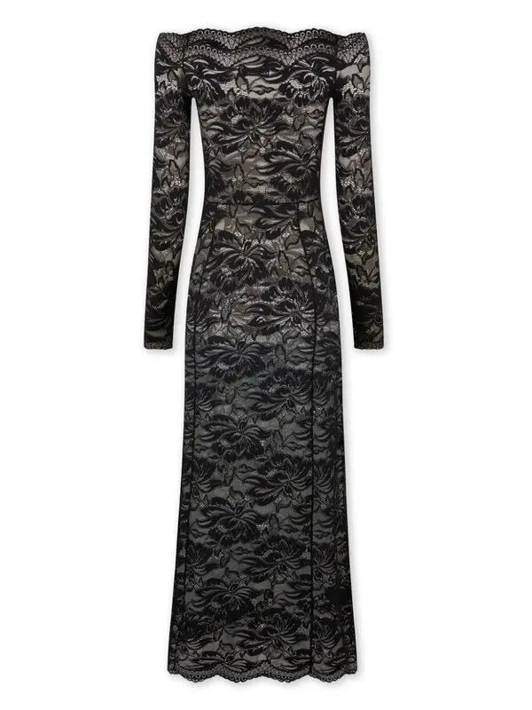 Rabanne Floral-lace Bardot-collar Dress - Black