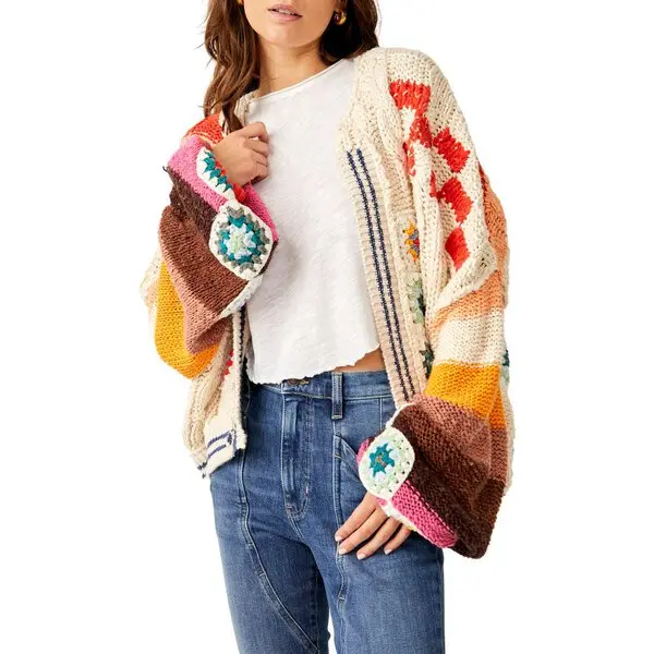 Free People Clear Skies Chunky Knit Cardigan - Cream Combo