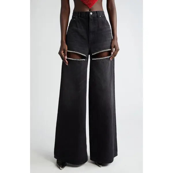 AREA Crystal Embellished Cutout Wide Leg Jeans - Black