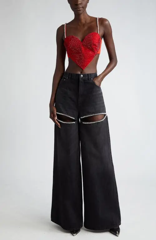 AREA Crystal Embellished Cutout Wide Leg Jeans - Black