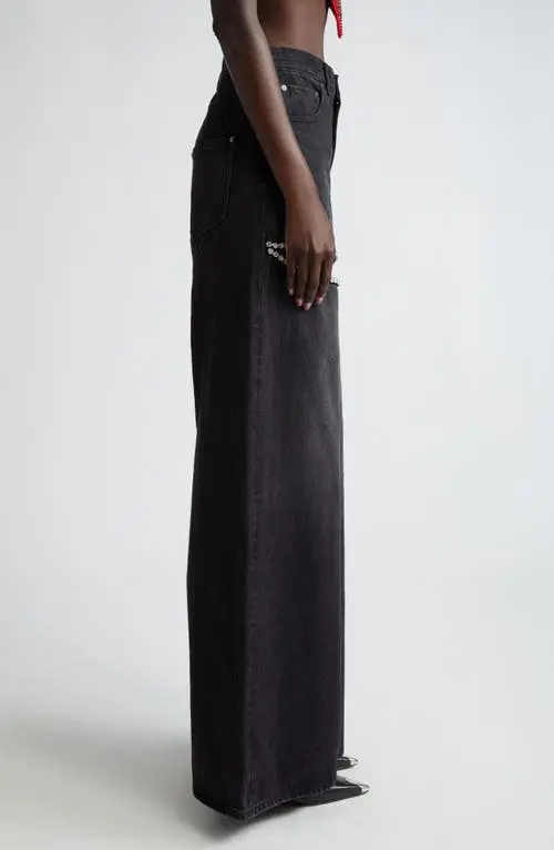AREA Crystal Embellished Cutout Wide Leg Jeans - Black