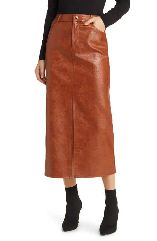 WAYF Croc Embossed Faux Leather Midi Skirt