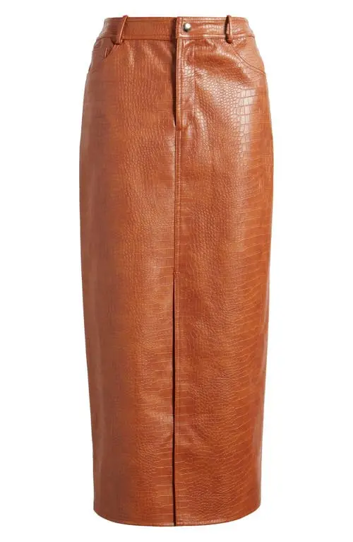 WAYF Croc Embossed Faux Leather Midi Skirt