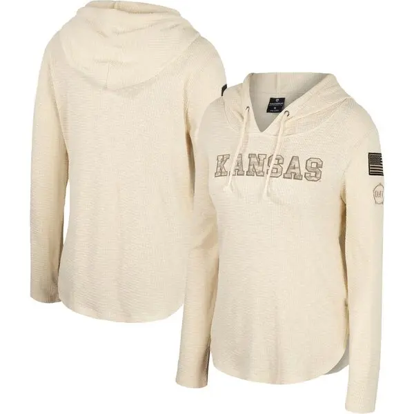 COLOSSEUM Kansas Jayhawks Oht Military Appreciation Casey Raglan Long Sleeve Hoodie T-shirt - Cream
