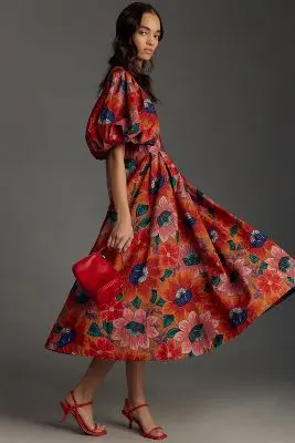 maria cutout puff sleeve midi dress maria cutout puff sleeve midi dress Orange Marias Floral Cut-Out Midi Dress   FARM Rio
