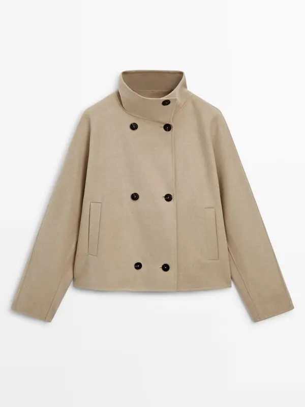 Massimo Dutti Cropped Wool-Blend Double-Breasted Coat Beige