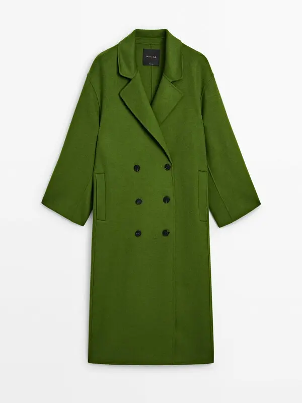 Massimo Dutti Long Wool Blend Double-Breasted Coat In Green 22