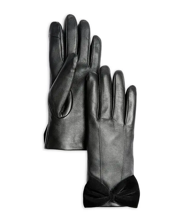 Aqua Leather Gloves With Velvet Bow - Black