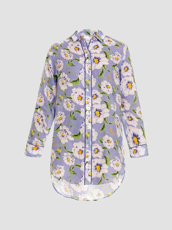 THE LAZY POET Linen Floral Mini Shirtdress - Blue