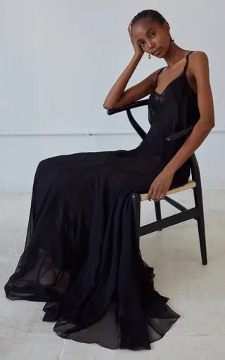 Heirlome Lace-Paneled Pliss Silk Chiffon Maxi Dress - Black | Editorialist