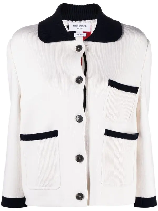 Thom Browne Colourblock-trims Knitted Cardigan - White
