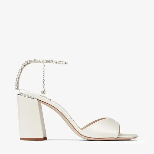 JIMMY CHOO Saeda 85 Ivory Crystal Chain Block Heel Sandals - Neutral
