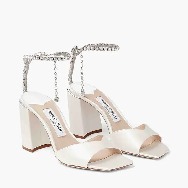JIMMY CHOO Saeda 85 Ivory Crystal Chain Block Heel Sandals - Neutral