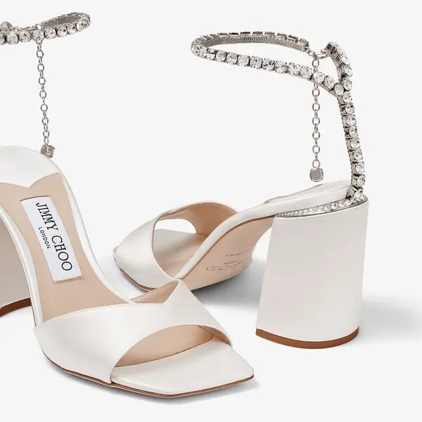 JIMMY CHOO Saeda 85 Ivory Crystal Chain Block Heel Sandals - Neutral