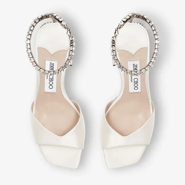 JIMMY CHOO Saeda 85 Ivory Crystal Chain Block Heel Sandals - Neutral