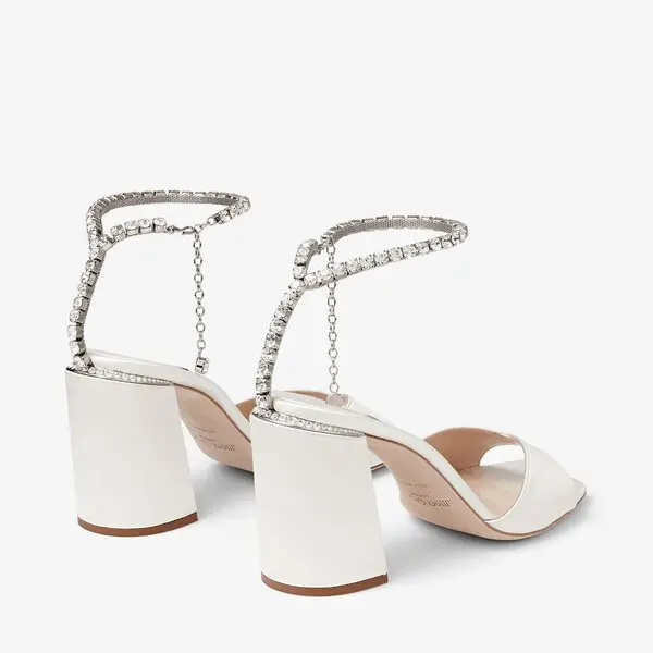 JIMMY CHOO Saeda 85 Ivory Crystal Chain Block Heel Sandals - Neutral