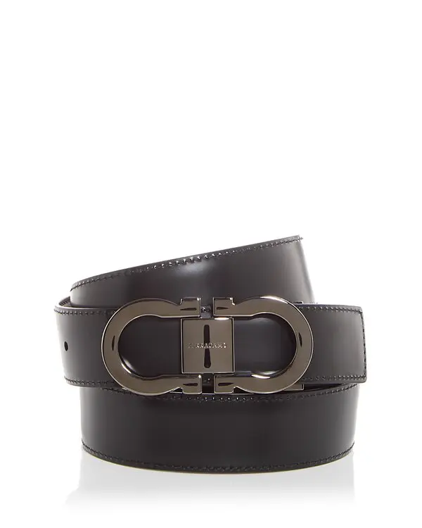 FERRAGAMO Double Gancini Reversible Leather Belt - Black/hickory