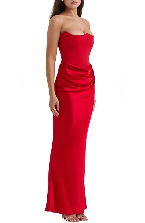 House Of Cb Persephone Strapless Satin Corset Cocktail Dress - Salsa |  Editorialist