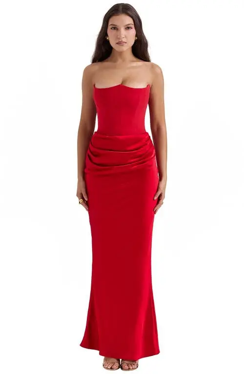 House Of Cb Persephone Strapless Satin Corset Cocktail Dress - Salsa |  Editorialist