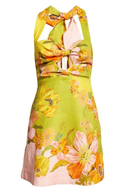 Alemais Silas Floral Print Linen Halter Minidress In Multi Green - 60% Off  | Editorialist