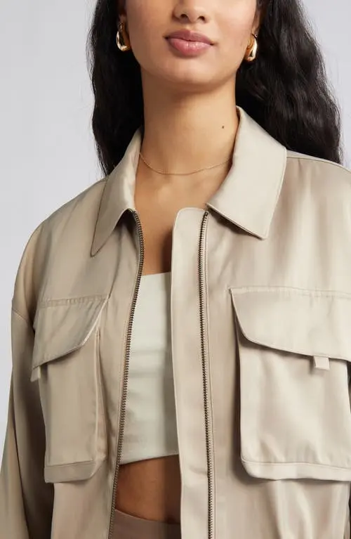 OPEN EDIT Satin Utility Jacket - Tan Oxford