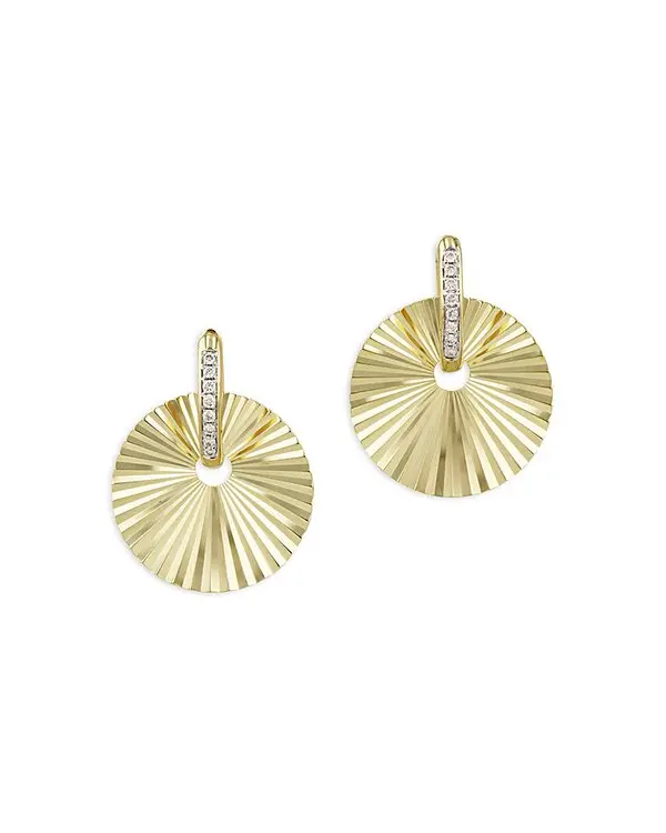 Phillips House 14k Yellow Aura Diamond Fluted Discs Dangle Hoop Earrings - Gold