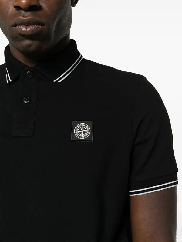 Stone Island Logo-patch Contrast-trim Polo Shirt - Black