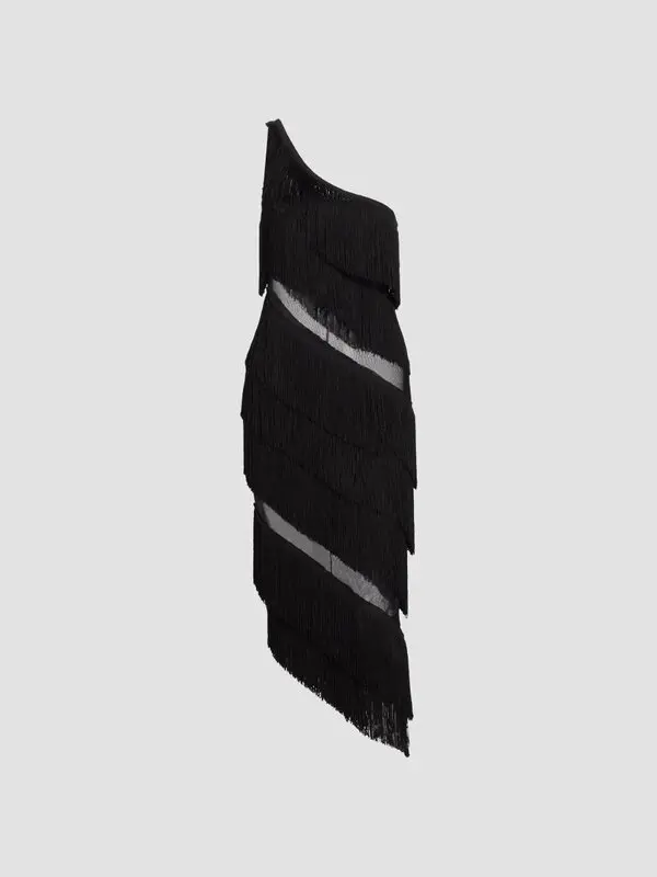 Norma Kamali Spliced One-shoulder Fringe Midi-dress - Black