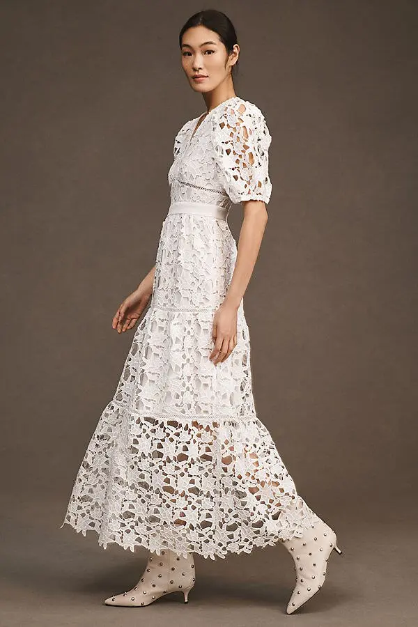 Endless Rose V-Neck Puff-Sleeve Lace Tiered Maxi Dress In White - 31% Off |  Editorialist