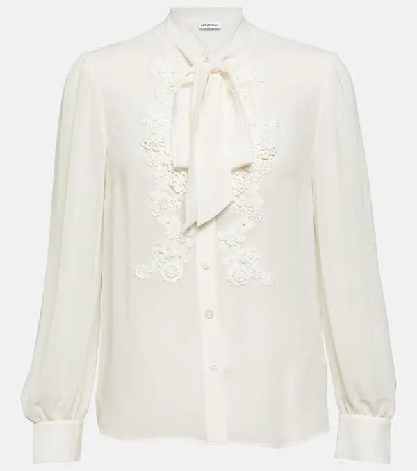 SELF-PORTRAIT Lace-trimmed Chiffon Blouse