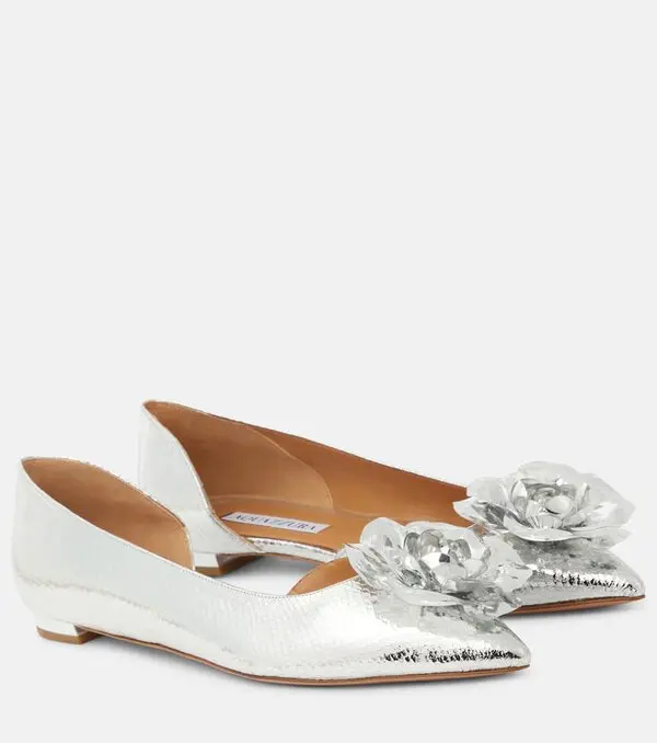 AQUAZZURA Paris Rose Ballet Flats - Silver
