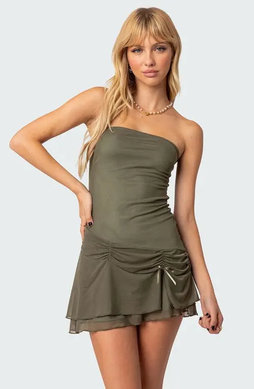 EDIKTED Evelin Ruched Strapless Minidress - Olive