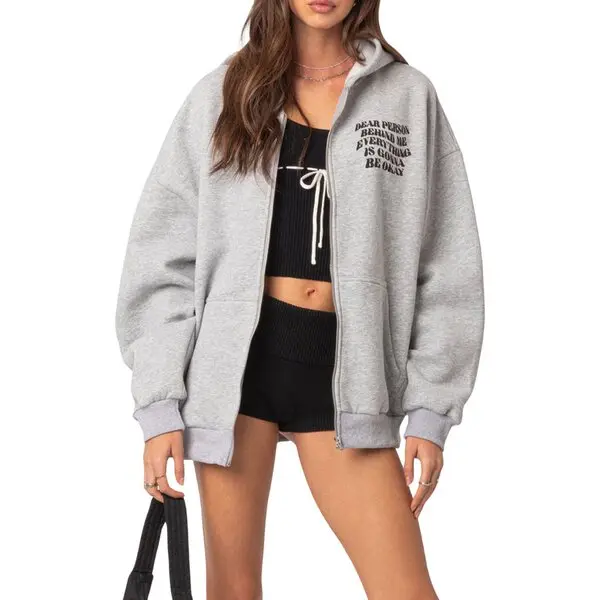 EDIKTED Oversized Graphic Zip Hoodie - Gray Melange