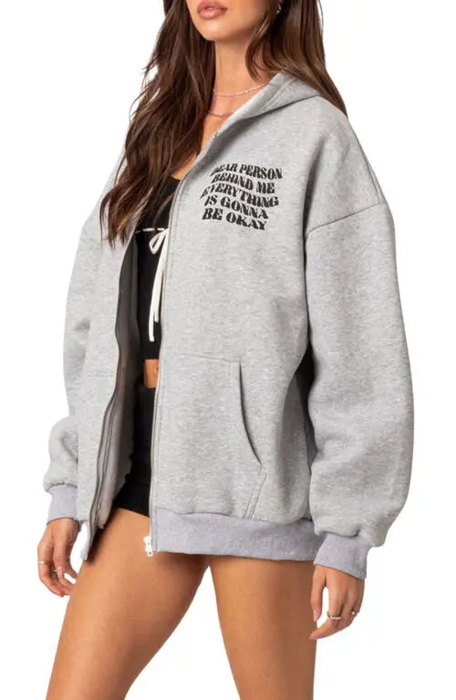 EDIKTED Oversized Graphic Zip Hoodie - Gray Melange