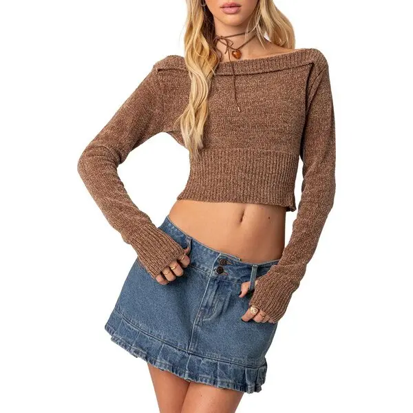 EDIKTED Farrah Off The Shoulder Crop Sweater - Brown