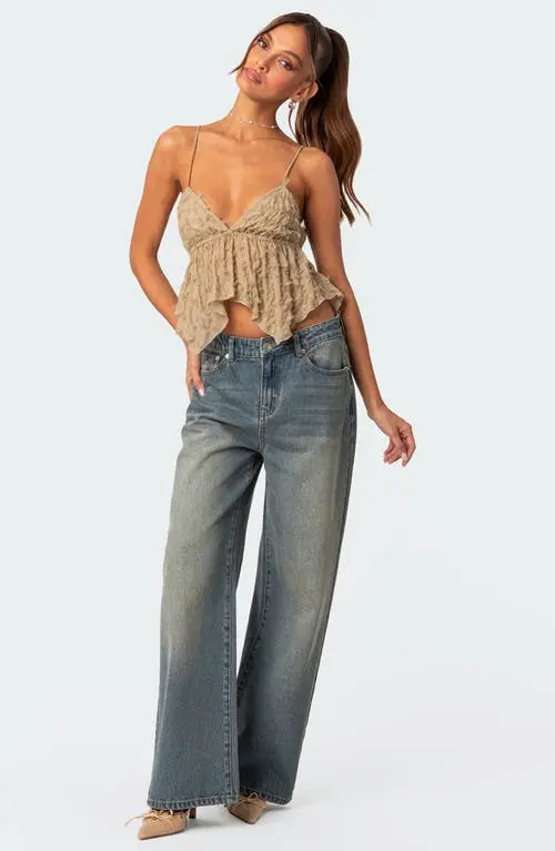 EDIKTED Flutter Frilled Tie Back Babydoll Top - Olive