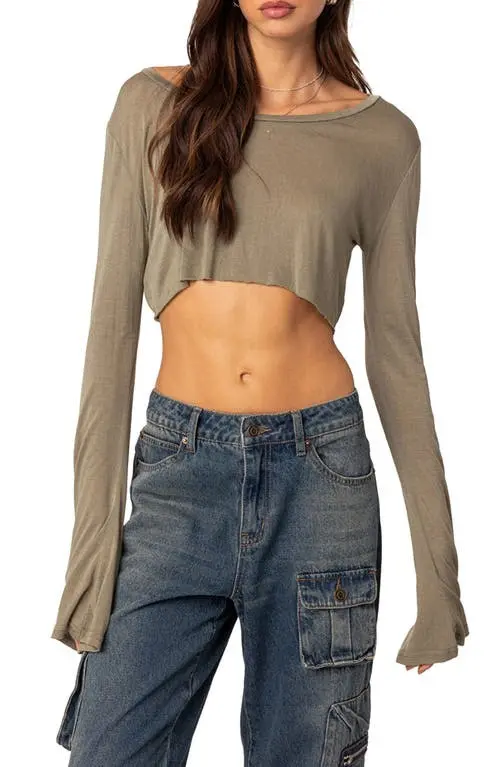 EDIKTED Sheer Crop Top - Olive