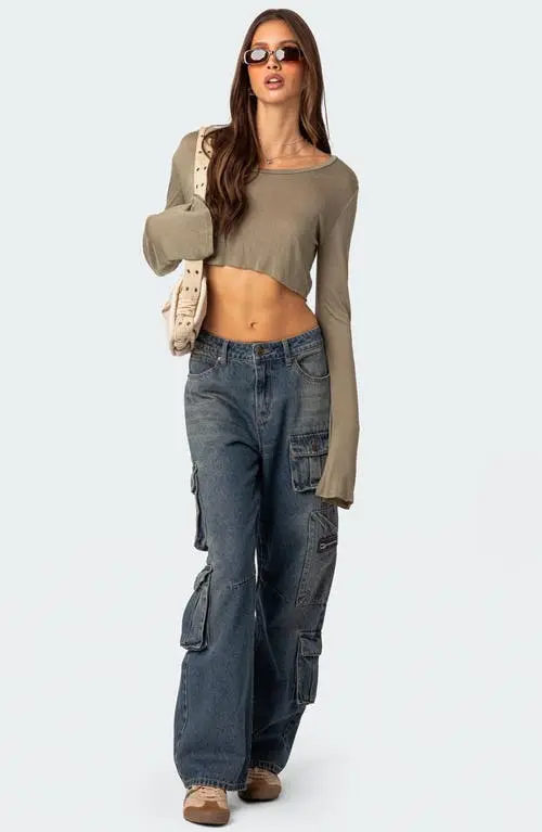 EDIKTED Sheer Crop Top - Olive