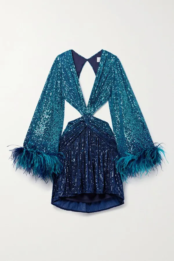 PatBO Alessandra Ambrosio Feather-trimmed Sequined Tulle Mini Dress - Blue