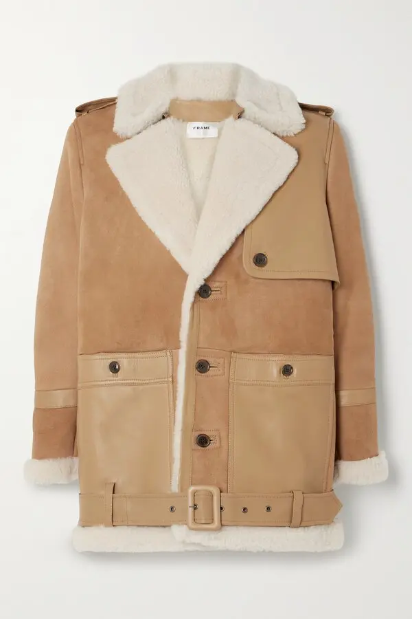 FRAME Belted Leather-trimmed Shearling Jacket